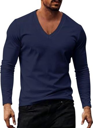 Generic T-shirt de base pour homme - Couleur unie - Haut d&eacute;t&eacute; &agrave; manches longues - Col en V - Grande taille - V&ecirc;tements doux respirants - Costume de sport pour