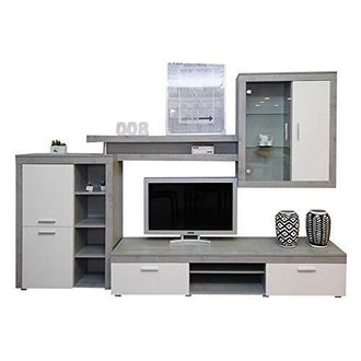 Dmora Syst&egrave;me mural de salon, meuble TV, &eacute;tag&egrave;res et vitrine, Salon moderne complet, Made in Italy, 293x50h144 cm, Couleur Blanc et Ciment
