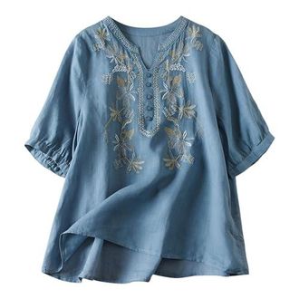 Generic Chemises en lin pour femme - Broderie britannique - Manches 3/4 - Col en V - Manches courtes - D&eacute;contract&eacute; - Tendance - Chemisier boh&egrave;me, bleu, XXL