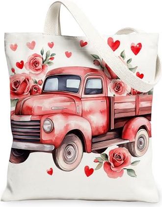 Generic Sacs fourre-tout vintage en toile &agrave; motif de camion rouge, sacs d&eacute;picerie r&eacute;utilisables, l&eacute;gers et lavables en toile pour ext&eacute;rieur, voyage, plage, pi