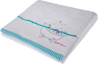 Homescapes 100% &Auml;gyptische Baumwolle Flauschiges Premium Frottee Duschtuch wei&szlig; Vintage Stick Motiv Bath Time