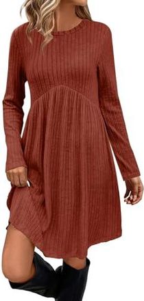 Generic Robe &agrave; manches longues pour femme, col rond, robe &agrave; la taille avec robe en maille, caf&eacute;, 3XL