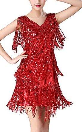 Feoya Femme Robe à Paillettes Frangée Costume de Danse Latine Robe Gatsby sans Manche Charleston Zumba Rumba Chacha Robe Soirée Cocktail Club Rouge M
