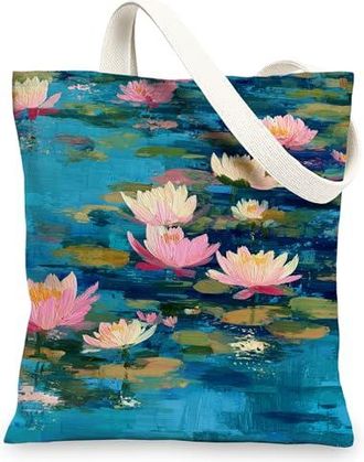 Generic Sacs fourre-tout en toile florale, motif nénuphar coloré, sacs de courses réutilisables, sacs à bandoulière artistiques, vintage, légers et lavables p