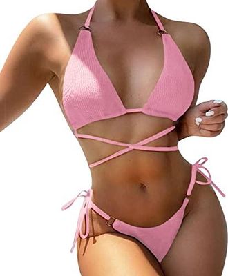 Generic Maillot De Bain Gainant Ventre Plat- Bikini Deux Pi&egrave;Ces Sexy en Maille Crois&eacute;E &agrave; Taille Haute Et Coupe Amincissante pour Femme