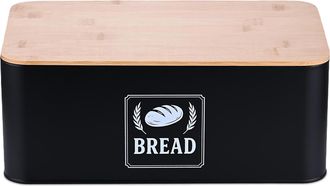 Relaxdays Brotkasten, Bambusdeckel, Metall, HxBxT: 13,5 x 33 x 19 cm, Retro Brotaufbewahrungsbox, Brotbehälter, schwarz