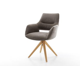 DELIFE Drehstuhl Yago-Flex mit Armlehnen Strukturstoff Soft Taupe Holzgestell kantig Natur 180&deg; drehbar Taschenfederkern, Esszimmerst&uuml;hle