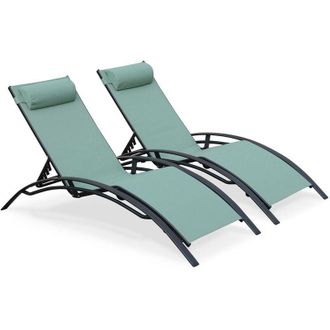 Sweeek Duo de bains de soleil en aluminium et textil&egrave;ne Louisa Anthracite / Vert de gris