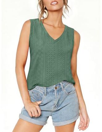 Zeagoo D&eacute;bardeur &eacute;l&eacute;gant pour femme - Col en V - Sans manches - D&eacute;contract&eacute; - En tissu &agrave; oeillets, Gris vert, XL