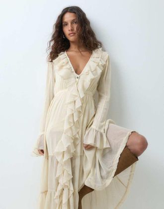 Free People isla robe midi boh&egrave;me &agrave; volants couleur ivoire-Blanc