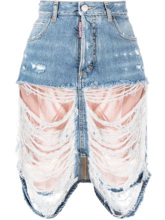 Dsquared2 jupe en jean &agrave; effet us&eacute; - Bleu