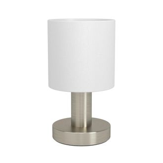 Eglo Tischlampe Monetto, kleine Deko Tischleuchte Wohnzimmer, elegante Nachtischlampe, Schlafzimmer Lampe silber mit Textil Lampenschirm in Wei&szlig;, E14 Fassu