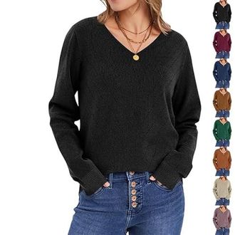 Generic Pull en tricot &eacute;l&eacute;gant &agrave; col en V Pointelle, d&eacute;contract&eacute;, doux, confortable, l&eacute;ger &agrave; manches longues, Noir, XXL