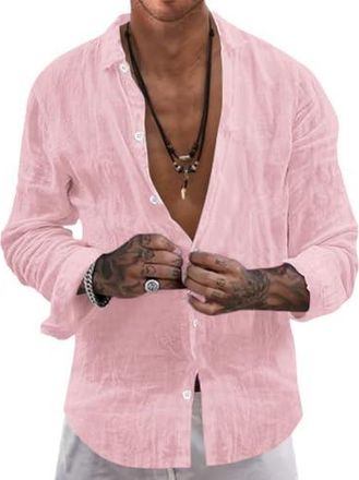 Onsoyours Chemise Lin Homme Manches Longues Chemise Décontractée Coton Chemises Hommes Couleur Unie Business Casual Bouton Shirts Regular Fit Chemises de Plage 