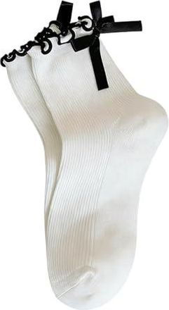 Generico Chaussettes mi-mollet nou&eacute;es avec noeud, chaussettes en coton noir et blanc pour femme (4 paires), blanc, Taille Unique