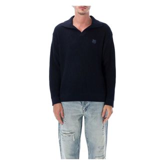 Maison Kitsun&eacute; Fox Head Baumwoll Rippstrick Poloshirt Pullover - - Knitwear - Herren - Blau - XL