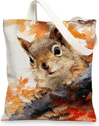 Generic Sacs fourre-tout en toile motif écureuil - Réutilisables - Légers et lavables - Pour salle de sport, voyage, plage, pique-nique - 33 x 38 cm