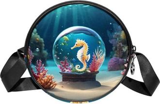 Generic Petit sac &agrave; bandouli&egrave;re rond pour femme, hippocampe avec boule de cristal, sac &agrave; dos &agrave; bandouli&egrave;re r&eacute;glable avec fermeture &eacute;clair, sac &agrave; main rond d&eacute;c