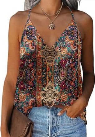 Zeagoo D&eacute;bardeur en satin pour femme - Bretelles spaghetti - Haut basique - Bretelles spaghetti r&eacute;glables - D&eacute;collet&eacute; en V - Camisole d&eacute;bardeur, Boho, M