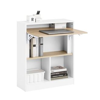 SoBuy Petit Bureau Gaming avec Rangement et Plateau Rabattable Table de Bureau Compacte pour Ordinateur, Chambre ou Home Office Blanc Naturel 70x57x85cm FWT