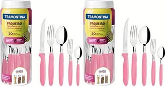 Tramontina Ipanema Besteckset f&uuml;r 6 Personen, Men&uuml;besteck 30-teilig, Edelstahl, Griff rosa (Packung mit 2)