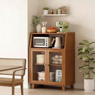 Generic Sideboard in Massivholzoptik mit halbtransparenten Glast&uuml;ren Offene Regalb&ouml;den + Schubladen Stauraum for das Esszimmer, Teeschrank und Wohnzimmer(Tea 