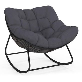 IDMarket Fauteuil de jardin &agrave; bascule LOA effet rotin gris avec coussin gris