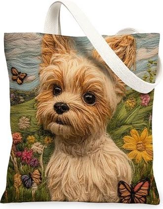 Generic Spring Yorkies Sac fourre-tout en toile r&eacute;utilisable pour faire du shopping 33 x 38,1 cm, motif floral fantaisie, sac d&eacute;picerie r&eacute;utilisable pour femm