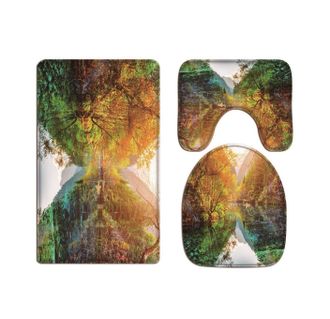 A.Monamour Badezimmer Badematte 3 Teilig Set Herbst Wald B&auml;ume See Berge Natur Landschaft Landschaft Teppich F&uuml;r Toilettenartikel Flanell Saugf&auml;hig Badteppiche B