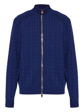 Versace pull en maille torsad&eacute;e &agrave; fermeture zipp&eacute;e - Bleu