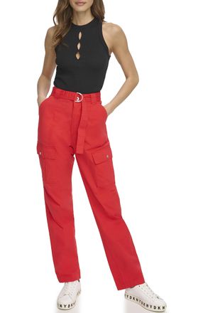 DKNY Womens Belted Cargo Pants, Mars Red, 8