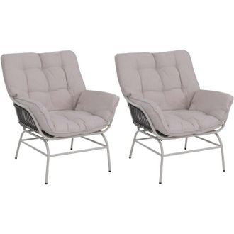 Hhg 2er-Set Loungestuhl HHG-736, Loungesessel Relaxstuhl, Stoff 220g/m&sup2; Poly-Rattan Metall hellgrau, Polster beige