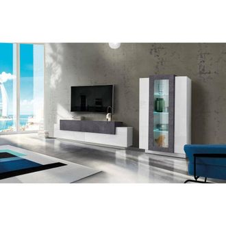 Dmora Modulare Wohnwand, Made in Italy, mit wei&szlig;em LED-Licht, TV-St&auml;nder und Vitrine, Modernes Wohnzimmer-Set, 290x45h121 cm, Farbe Glanzwei&szlig; und Aschgrau