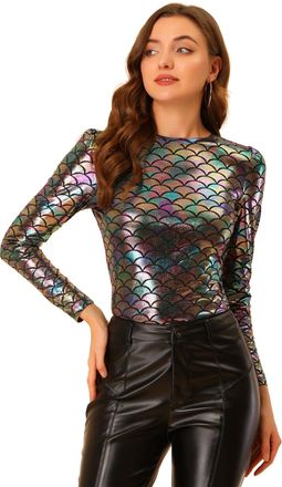 Allegra K Damen Metallic Shirts Rundhals Club Glitzernde Disco Party Bluse Oberteil Bunt XS