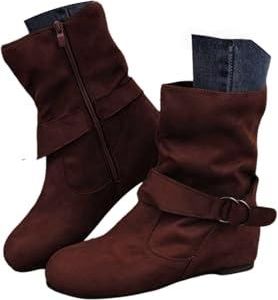 Generic Bottes de cowgirl pour femmes, bottes dautomne pour femmes, sans talon, à enfiler, à bout rond, en daim froncé, vintage, bottines plates avec fermetur