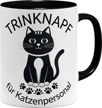 OM3 witzige Kaffee-Tasse mit Spruch - Trinknapf f&uuml;r Katzenpersonal - Katzenliebhaber Katze II - Keramik Becher - 325ml - Beidseitig Bedruckt - Schwarz
