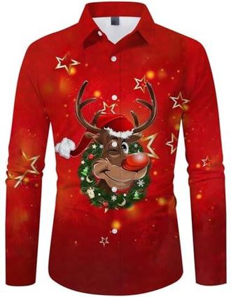 Generic Chemise Noel Homme Manches Longues- T Shirt Moche Homme Imprim&eacute; Renne 3D Funky Col Revers Slim Fit No&euml;l Blouse de Travail Button Down D&eacute;contract&eacute; Chri