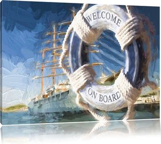 Pixxprint Rettungsring im Hafen, Größe: 120x80cm, Leinwandbild, fertig gespannt, Wandbild, Dekoration, Kunstdruck, kein Poster