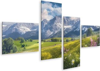Islandburner Bild auf Leinwand Alpenwiese im Frühling mit Bergpanorama für Wohnzimmer Naturliebhaber Wellness-Center Bilder Wandbilder Poster