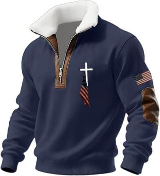 Generic Sweats chrétiens à fermeture éclair pour homme - Doublure en polaire - Imprimé croix - Fermeture éclair 1/4 - Col montant - Polo Christ Muscle Patch -