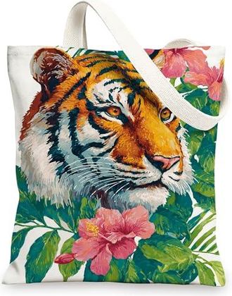 Generic Sacs fourre-tout en toile motif floral tigre, sacs réutilisables à motif animal coloré, sacs artistiques légers et lavables en toile B, coloré, 13x15 