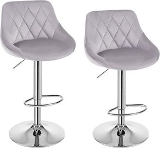 Woltu Tabouret Bar Lot de 2, Chaise Haute Bar, Tabouret Velours, Réglable en Hauteur, avec Dossier, Repose-Pieds, Chaise Haute Cuisine, Gris Clair, BH138hgr