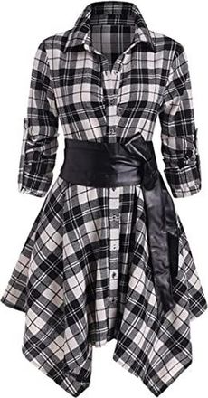 OLIPHEE Femmes Manches Longues Ceinturé Une Robe à Carreaux Chemise En Ligne Casual Tunique Robe(01Noir,XXL)