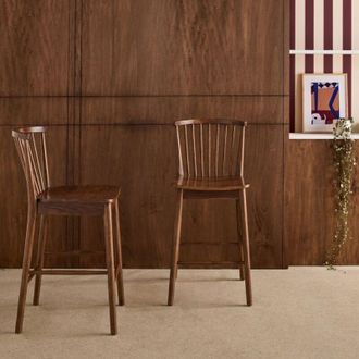Sweeek Lot de 2 tabourets de bar &agrave; barreaux bois dh&eacute;v&eacute;a et contreplaqu&eacute; noyer - 48 x 58 x 98.5 cm - Paula
