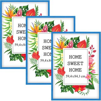 MG Design Set aus 3 Blau Bilderrahmen A1 59,4 x 84,1 cm - Aus echtem Holz mit Acrylglas, zum Aufh&auml;ngen & Aufstellen, f&uuml;r Fotos, Poster & Puzzle