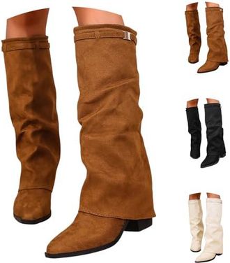 Generic Bottes mi-mollet en daim pour femme - Large mollet - Bout pointu - Talon bloc &eacute;pais - Coupe extensible - Pour lautomne et lhiver, marron, 37.5 EU