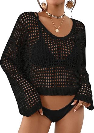 Bsubseach Damen Crochet Crop Top Strand Badeanzug Cover Up Langarm Hollow Out Badeanzug Cover Ups Sommer Outfits Schwarz