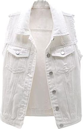 ORANDESIGNE Femme Veste en Jeans sans Manches Court Manteaux Boutons Veste en Jean avec Poches A Blanc XL