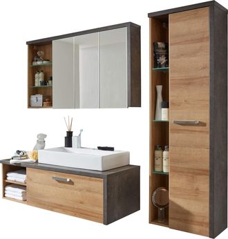 Trendteam 4-teilige Badkombination Badmöbel - Badezimmer - Bay - Aufbaumaß (BxHxT) 186 x 160 x 53 cm - Farbe Beton dunkel mit Eiche Riviera Honig - 169390228