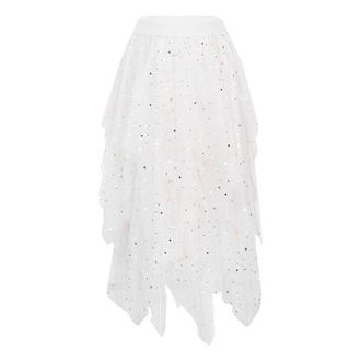 Generic Costume de f&ecirc;te 2026 pour femme, taille haute, jupe &agrave; paillettes en maille irr&eacute;guli&egrave;re, longueur mi-longue, blanc, XL